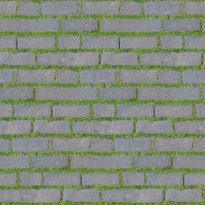 Grey Brick Pavement with Grass PBR Texture